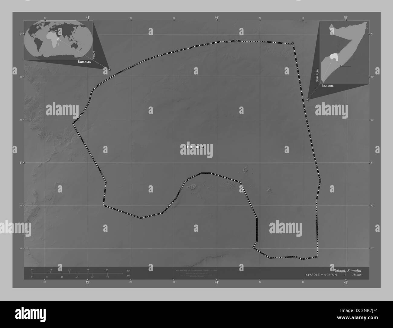 Bakool, region of Somalia. Grayscale elevation map with lakes and ...