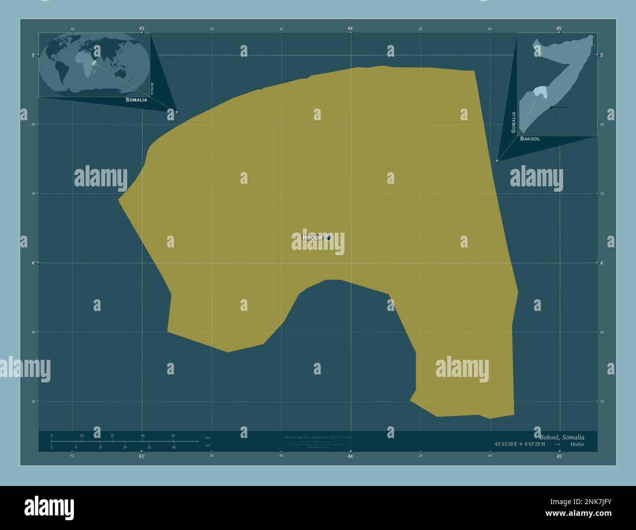 Bakool, region of Somalia. Solid color shape. Locations and names of ...