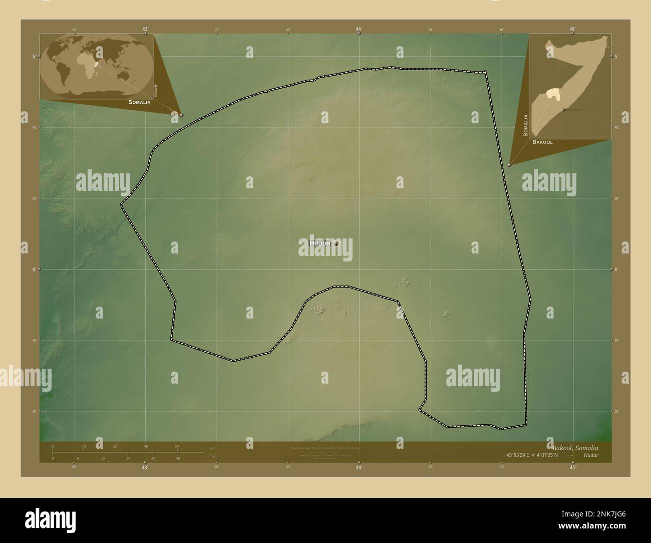 Bakool, region of Somalia. Colored elevation map with lakes and rivers ...