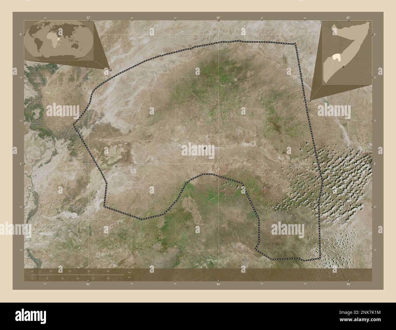 Bakool, region of Somalia. High resolution satellite map. Locations of ...