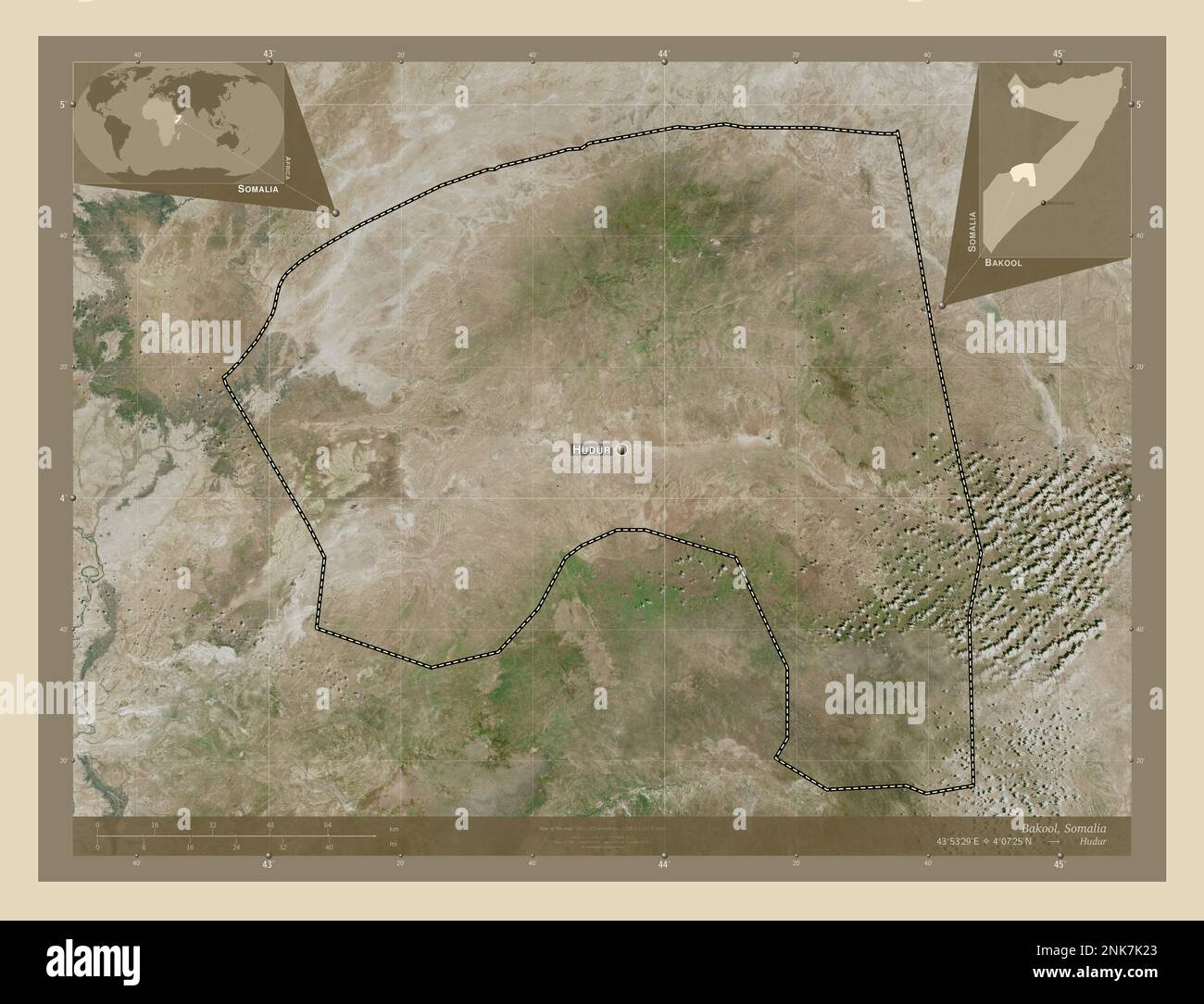 Bakool, region of Somalia. High resolution satellite map. Locations and ...