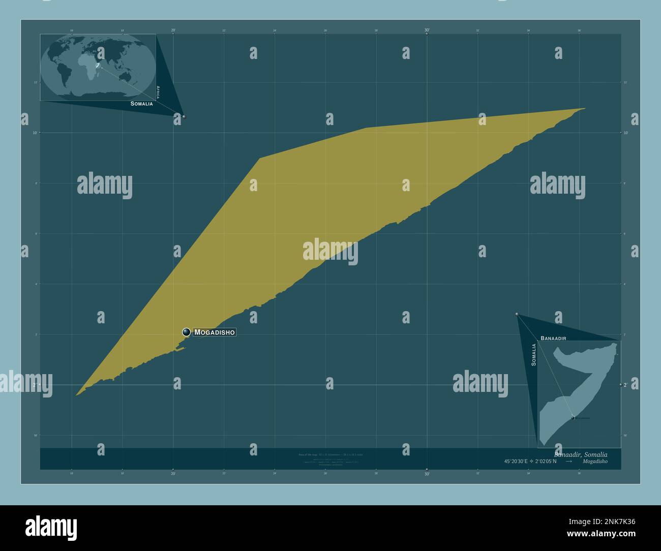 Banaadir, region of Somalia. Solid color shape. Locations and names of ...