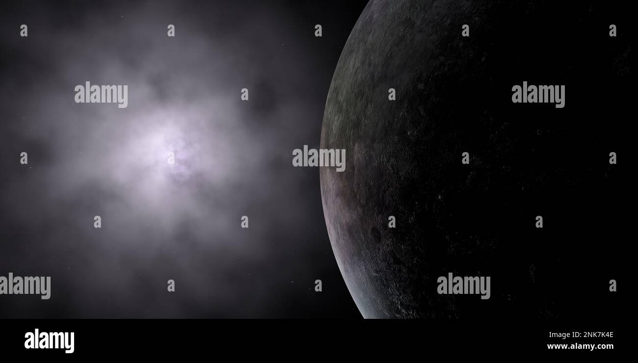 Triton, natural satellite of Neptune, rotating with spatial nebula. 3d ...