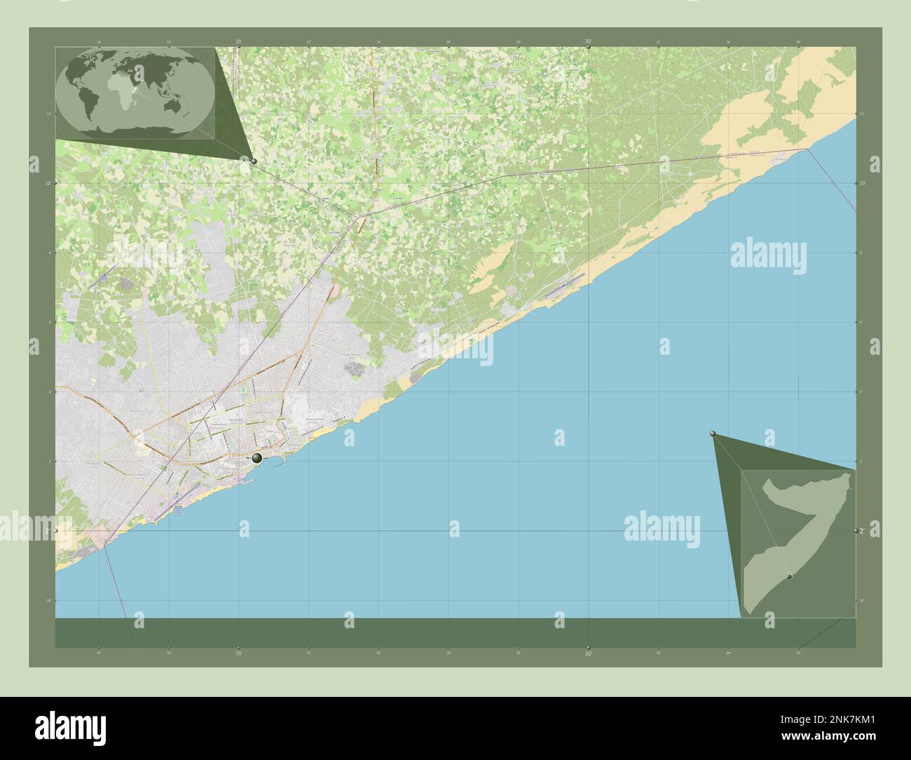 Banaadir, region of Somalia. Open Street Map. Corner auxiliary location ...
