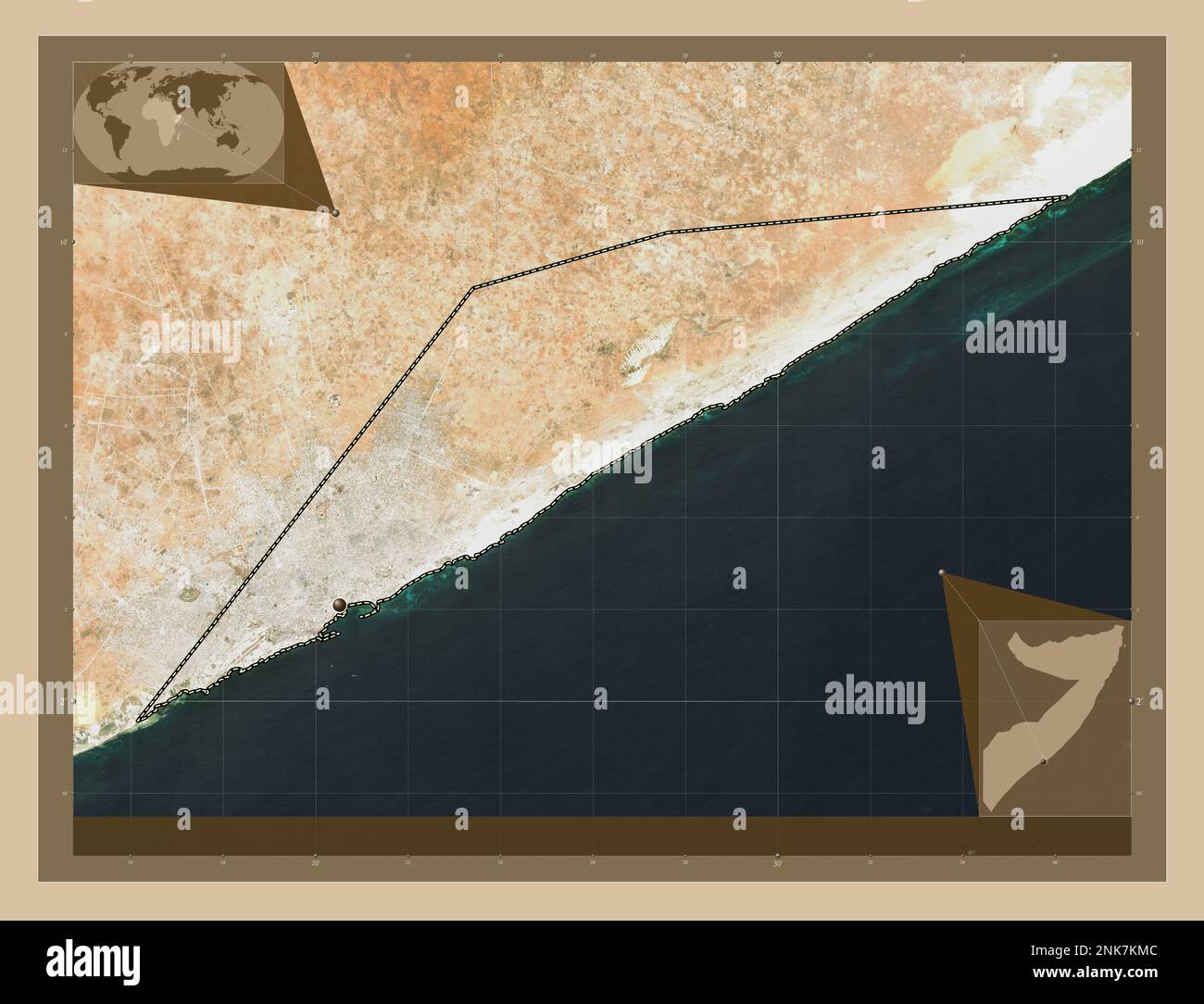 Banaadir, region of Somalia. Low resolution satellite map. Locations of ...