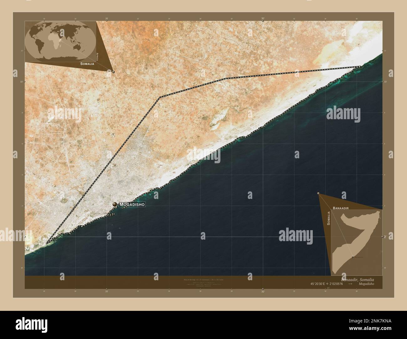 Banaadir, region of Somalia. Low resolution satellite map. Locations ...