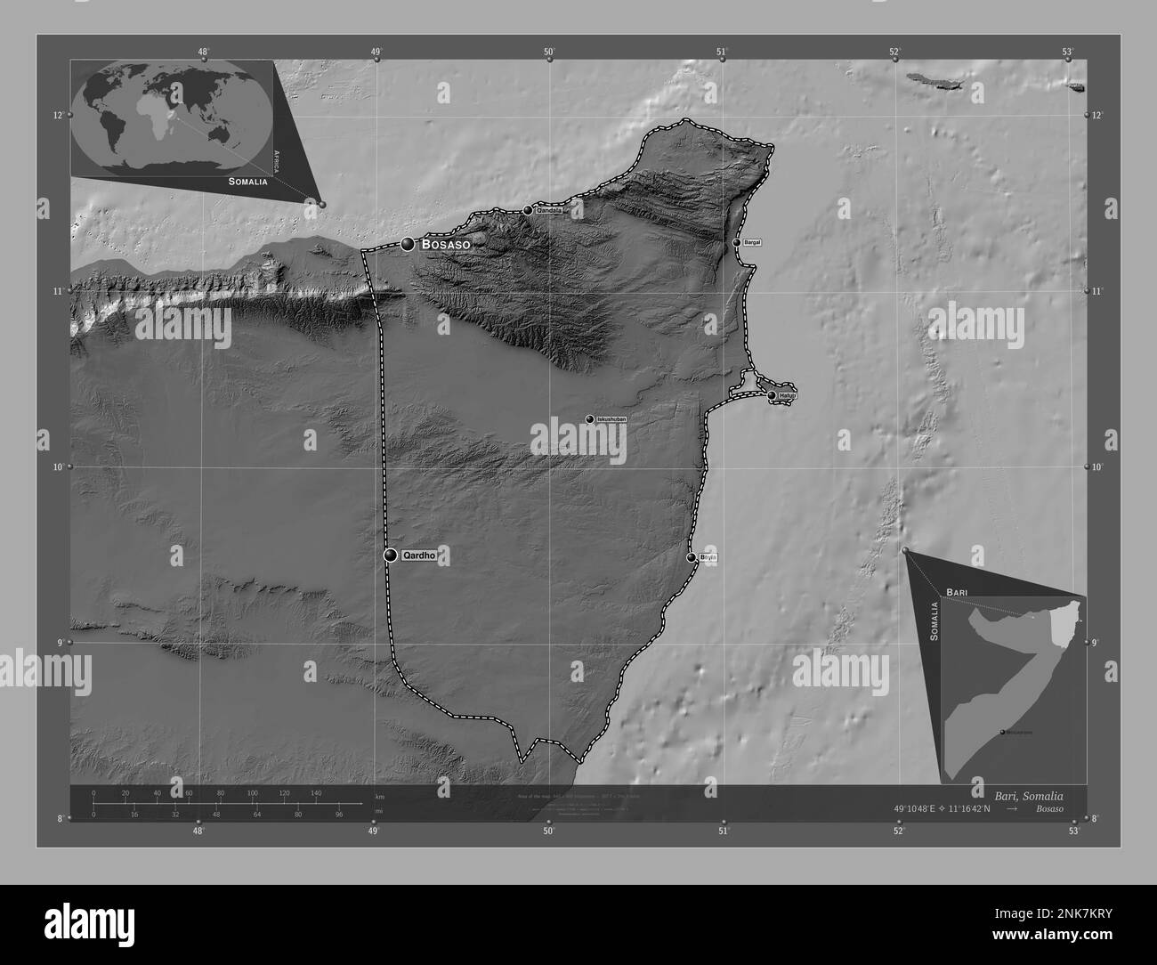 Bari, region of Somalia. Bilevel elevation map with lakes and rivers ...
