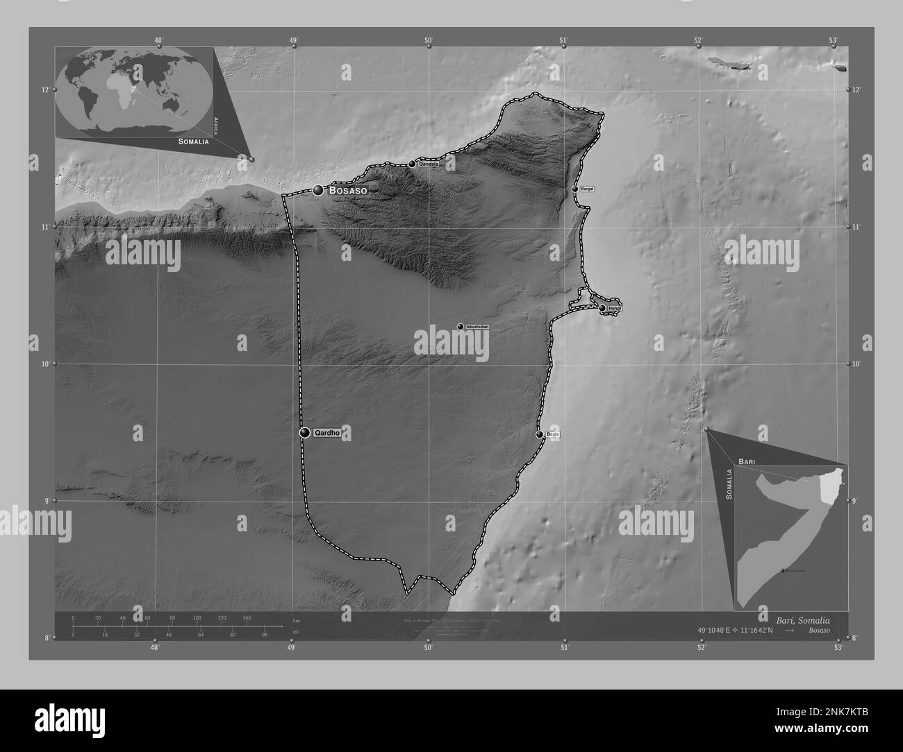 Bari, region of Somalia. Grayscale elevation map with lakes and rivers ...