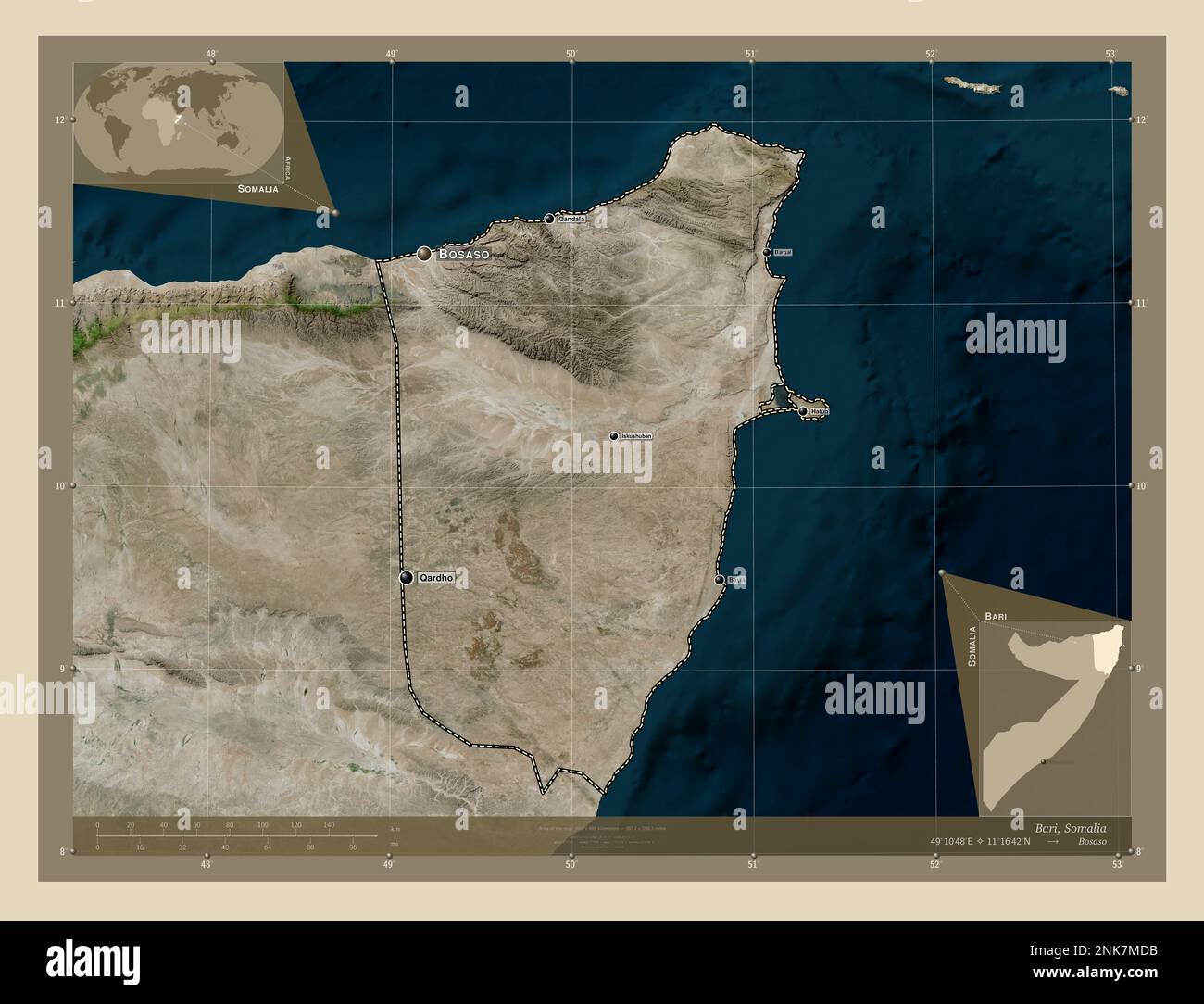 Bari, region of Somalia. High resolution satellite map. Locations and ...