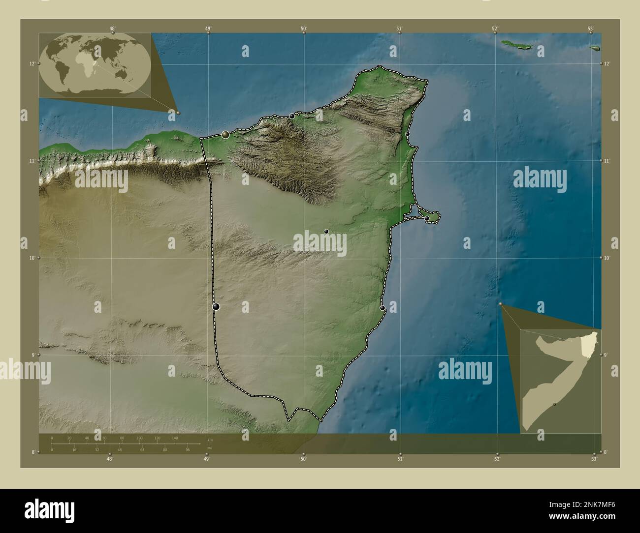 Bari, region of Somalia. Elevation map colored in wiki style with lakes ...