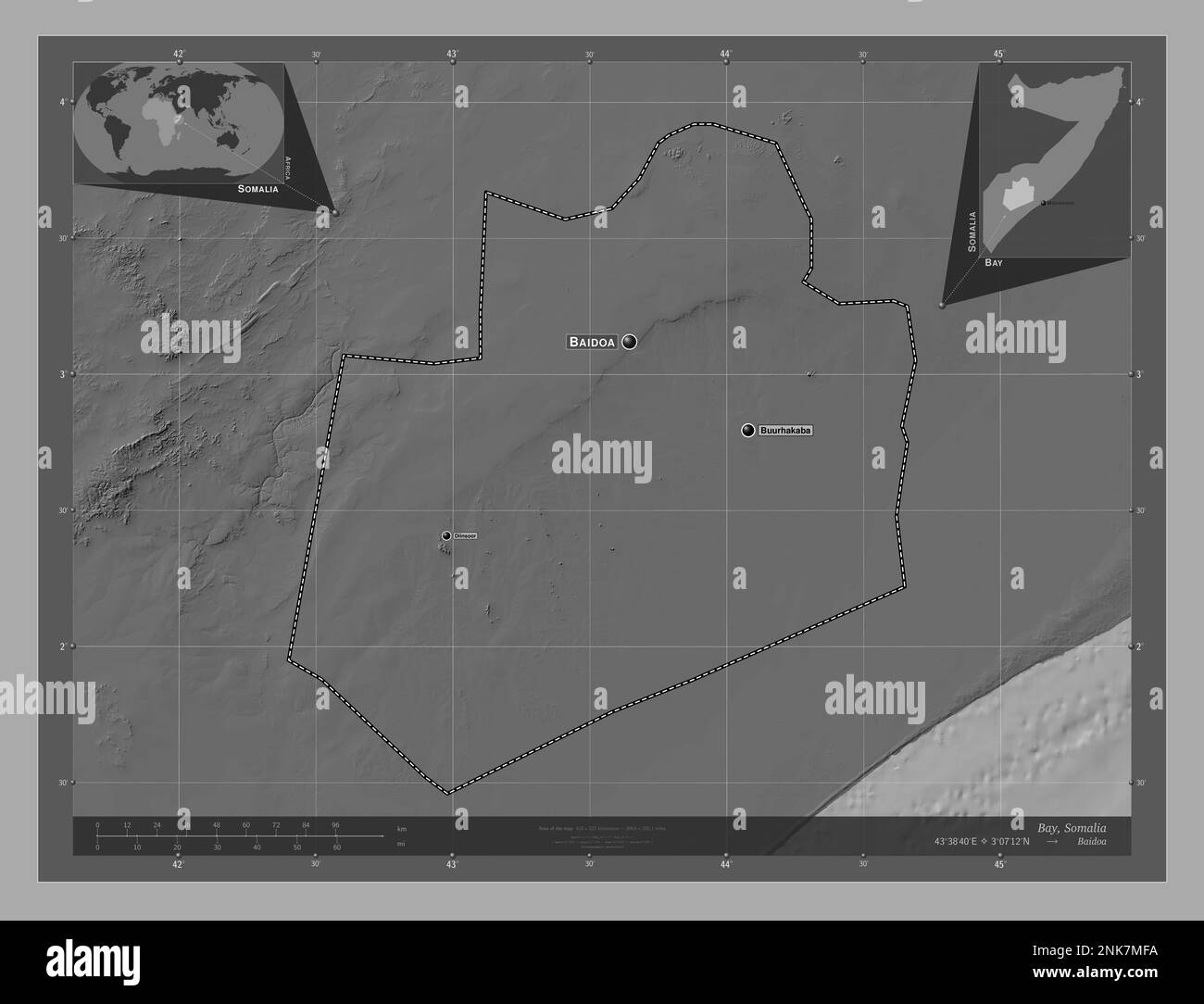 Bay, region of Somalia. Bilevel elevation map with lakes and rivers ...