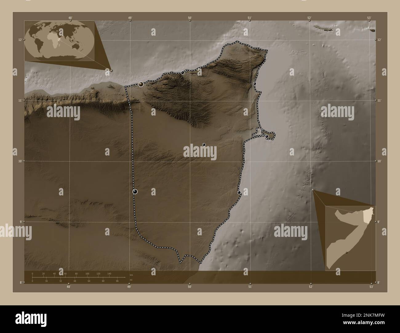 Bari, region of Somalia. Elevation map colored in sepia tones with ...