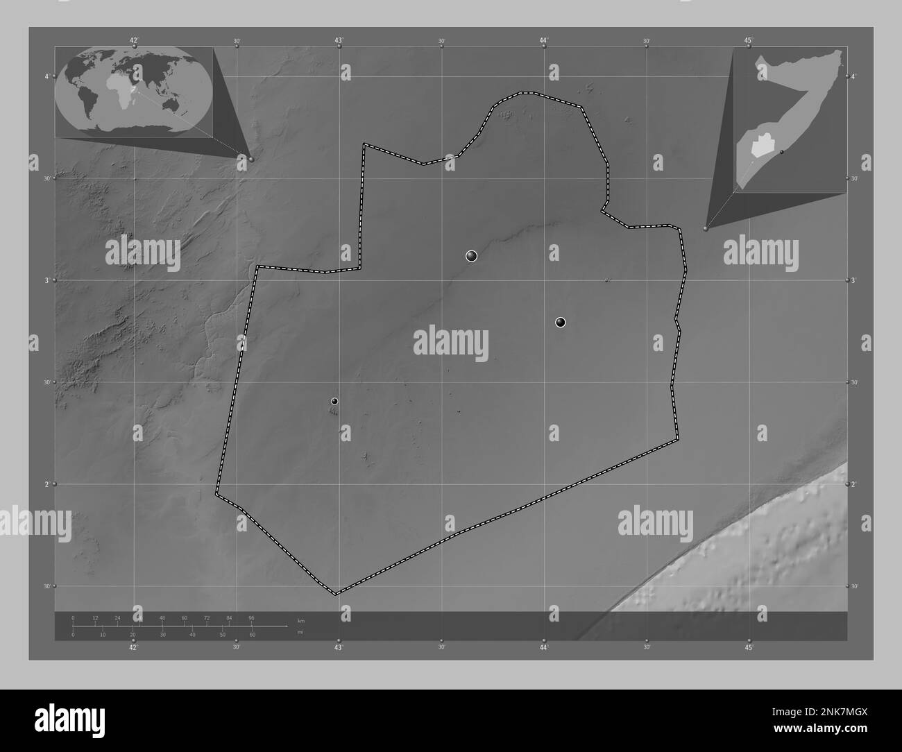 Bay, region of Somalia. Grayscale elevation map with lakes and rivers ...