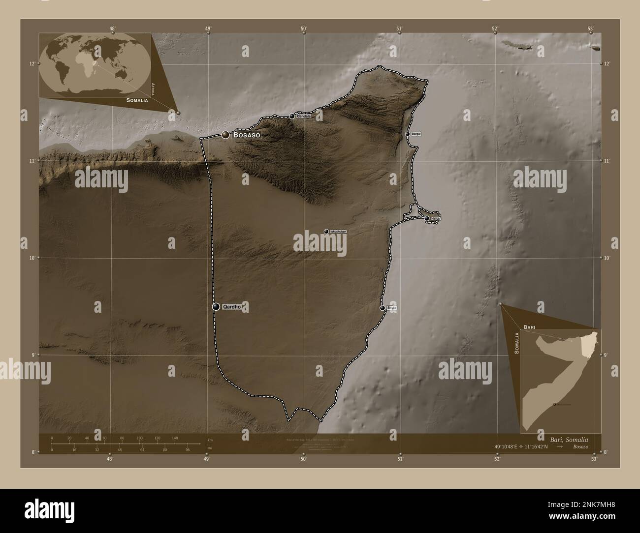 Bari, region of Somalia. Elevation map colored in sepia tones with ...