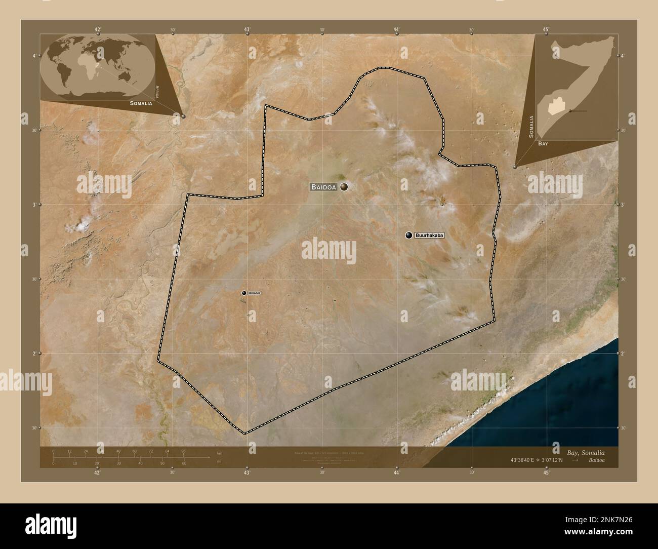 Bay, region of Somalia. Low resolution satellite map. Locations and ...