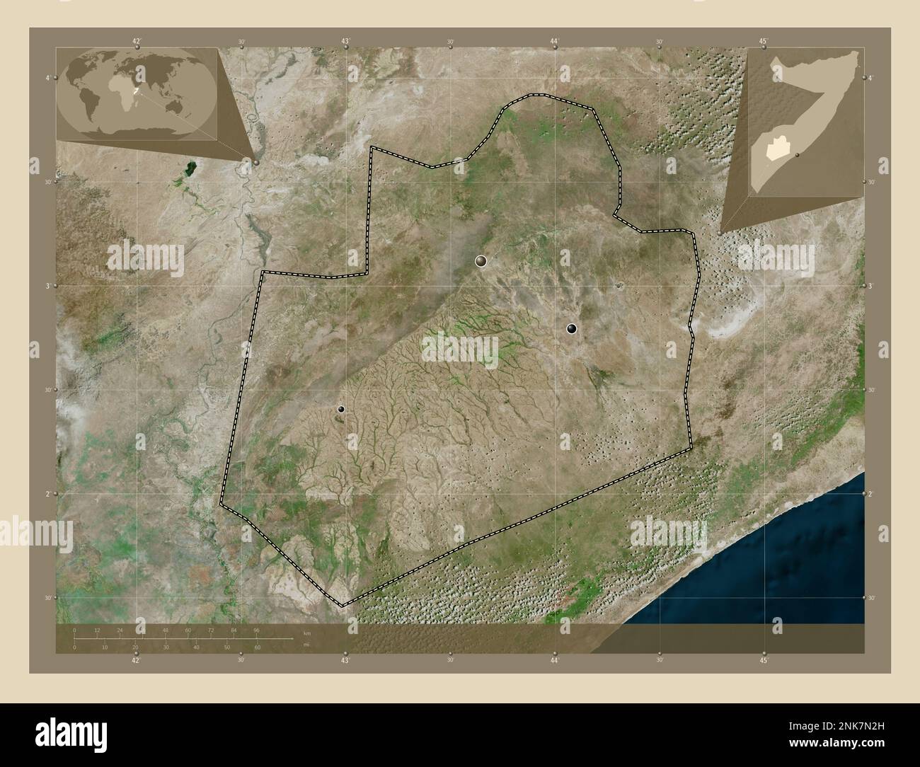 Bay, region of Somalia. High resolution satellite map. Locations of ...