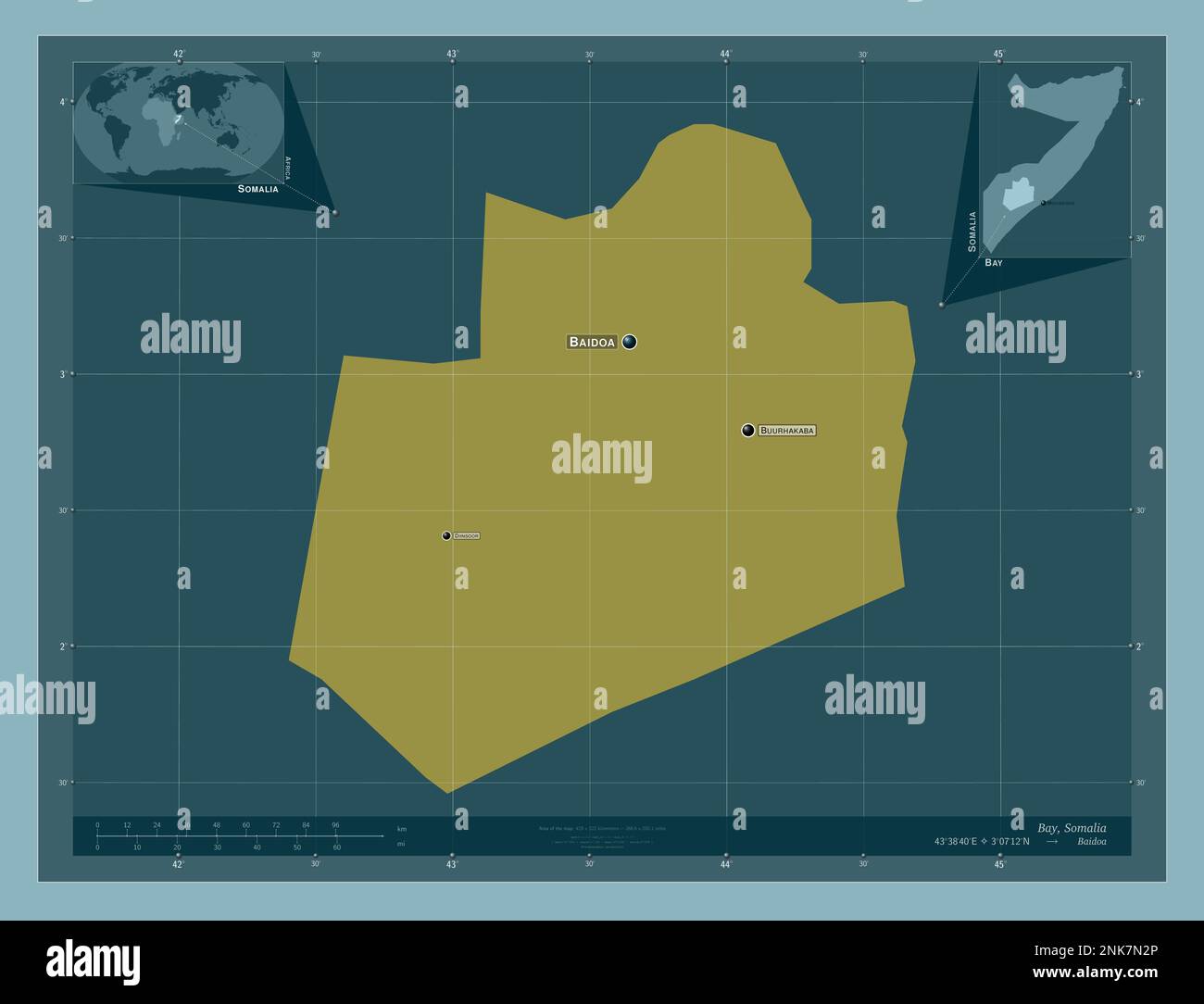 Bay, region of Somalia. Solid color shape. Locations and names of major ...
