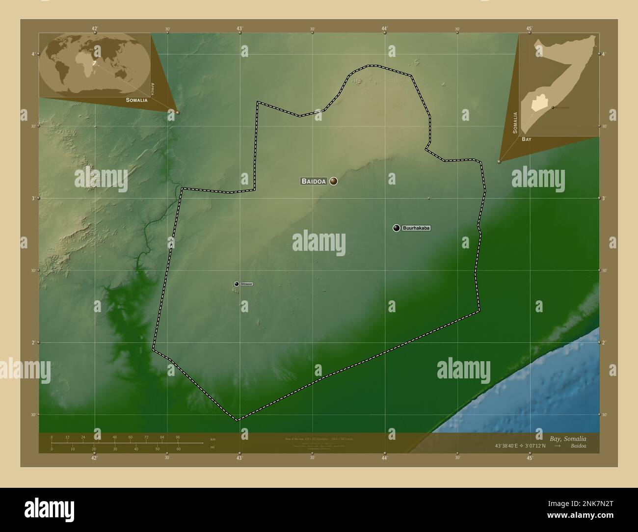 Bay, region of Somalia. Colored elevation map with lakes and rivers ...