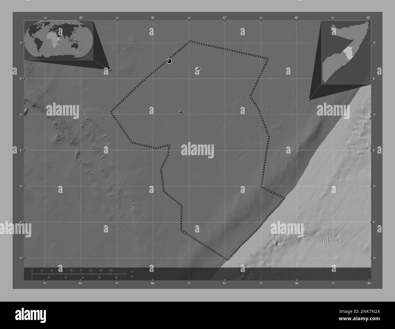 Galgaduud, region of Somalia. Bilevel elevation map with lakes and ...