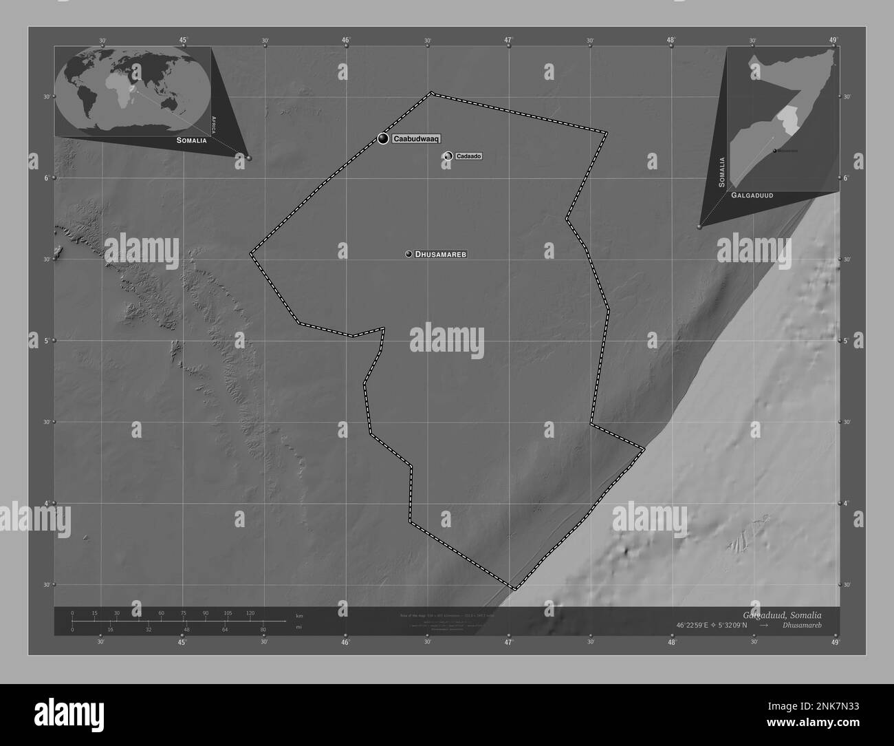 Galgaduud, region of Somalia. Bilevel elevation map with lakes and ...