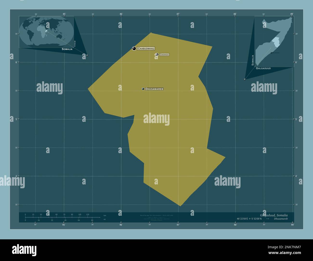 Galgaduud, region of Somalia. Solid color shape. Locations and names of ...