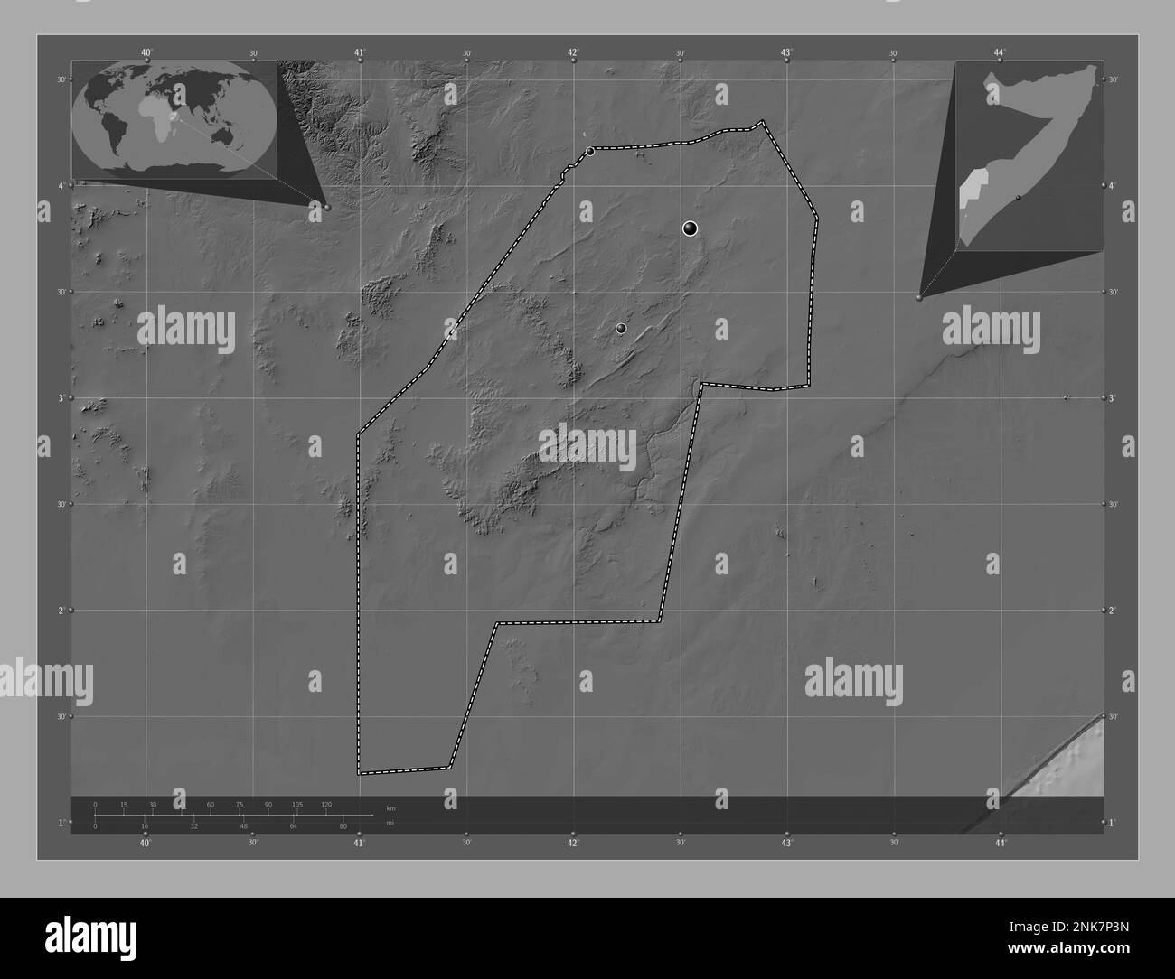 Gedo, region of Somalia. Bilevel elevation map with lakes and rivers ...