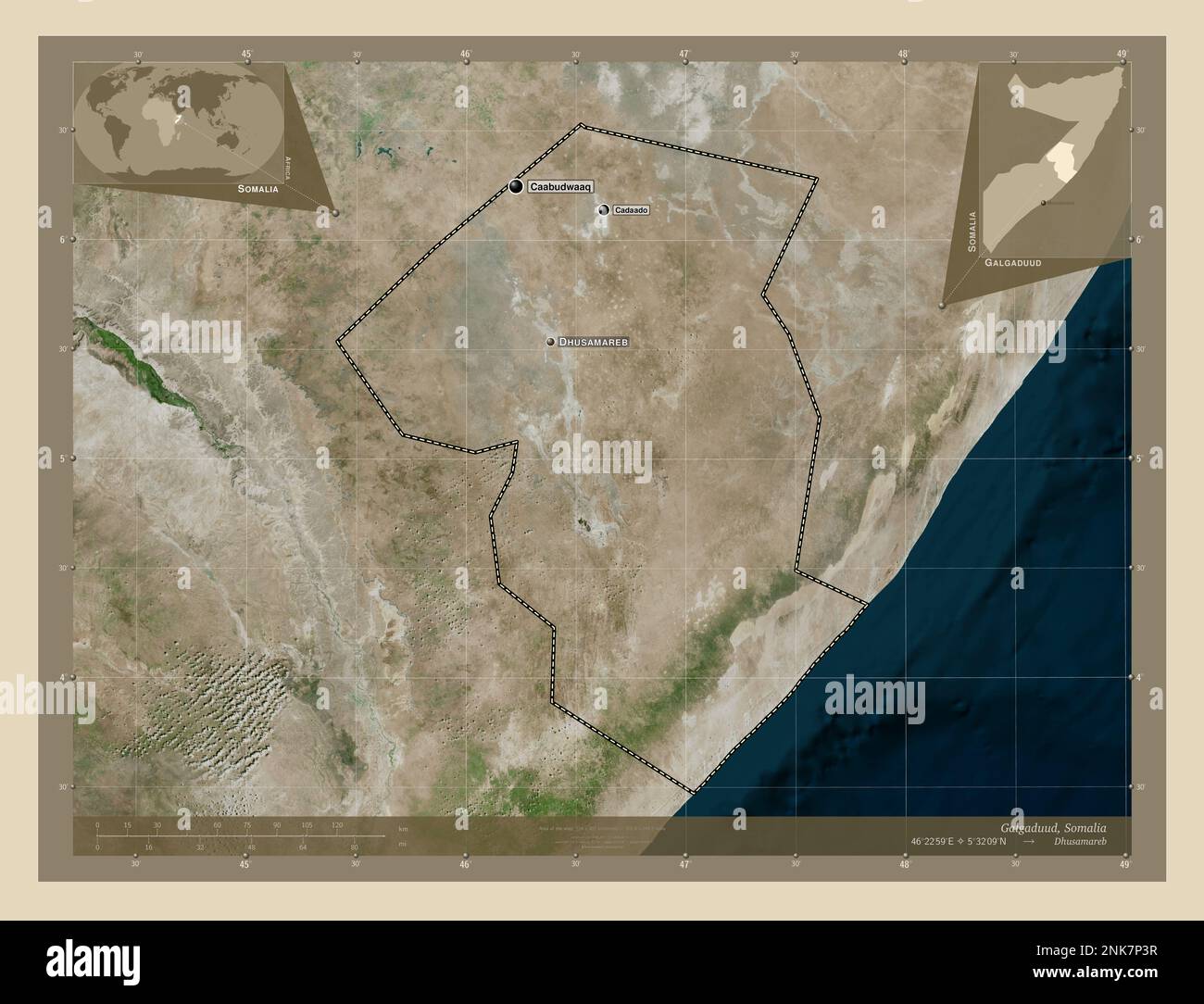 Galgaduud, region of Somalia. High resolution satellite map. Locations ...