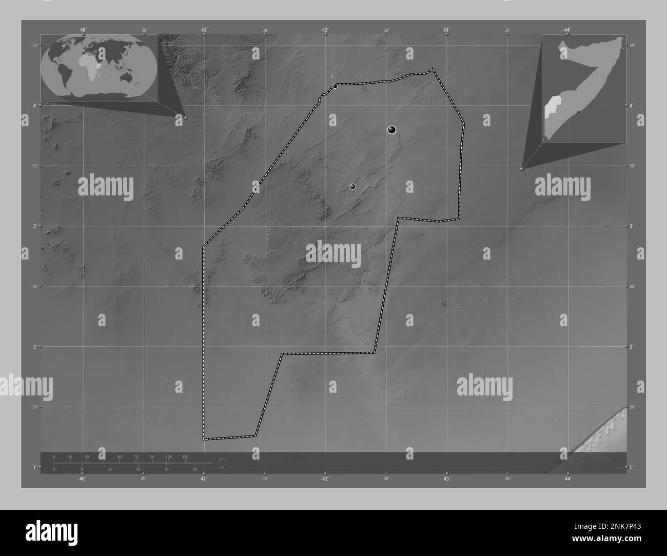 Gedo, region of Somalia. Grayscale elevation map with lakes and rivers ...