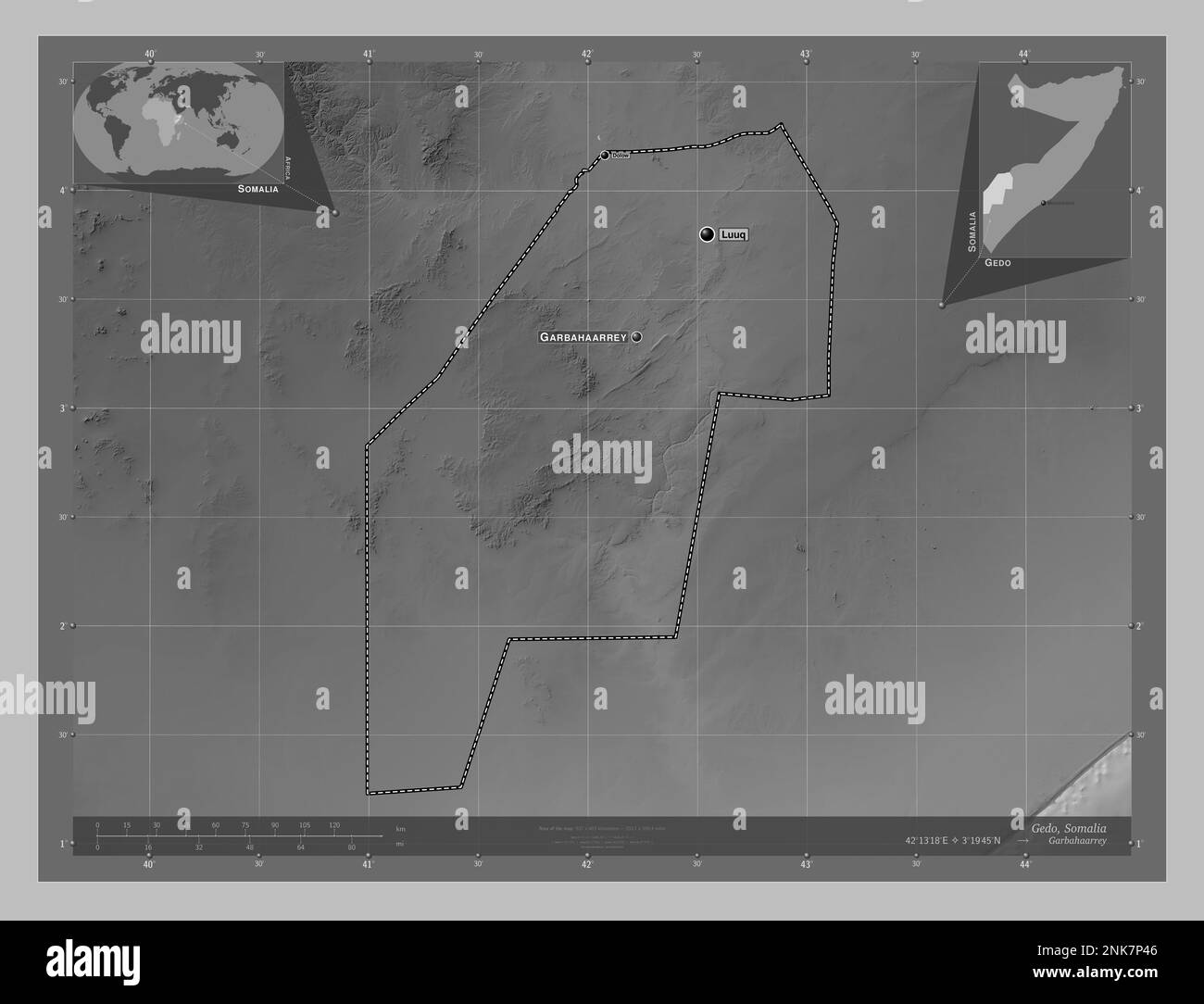 Gedo, region of Somalia. Grayscale elevation map with lakes and rivers ...