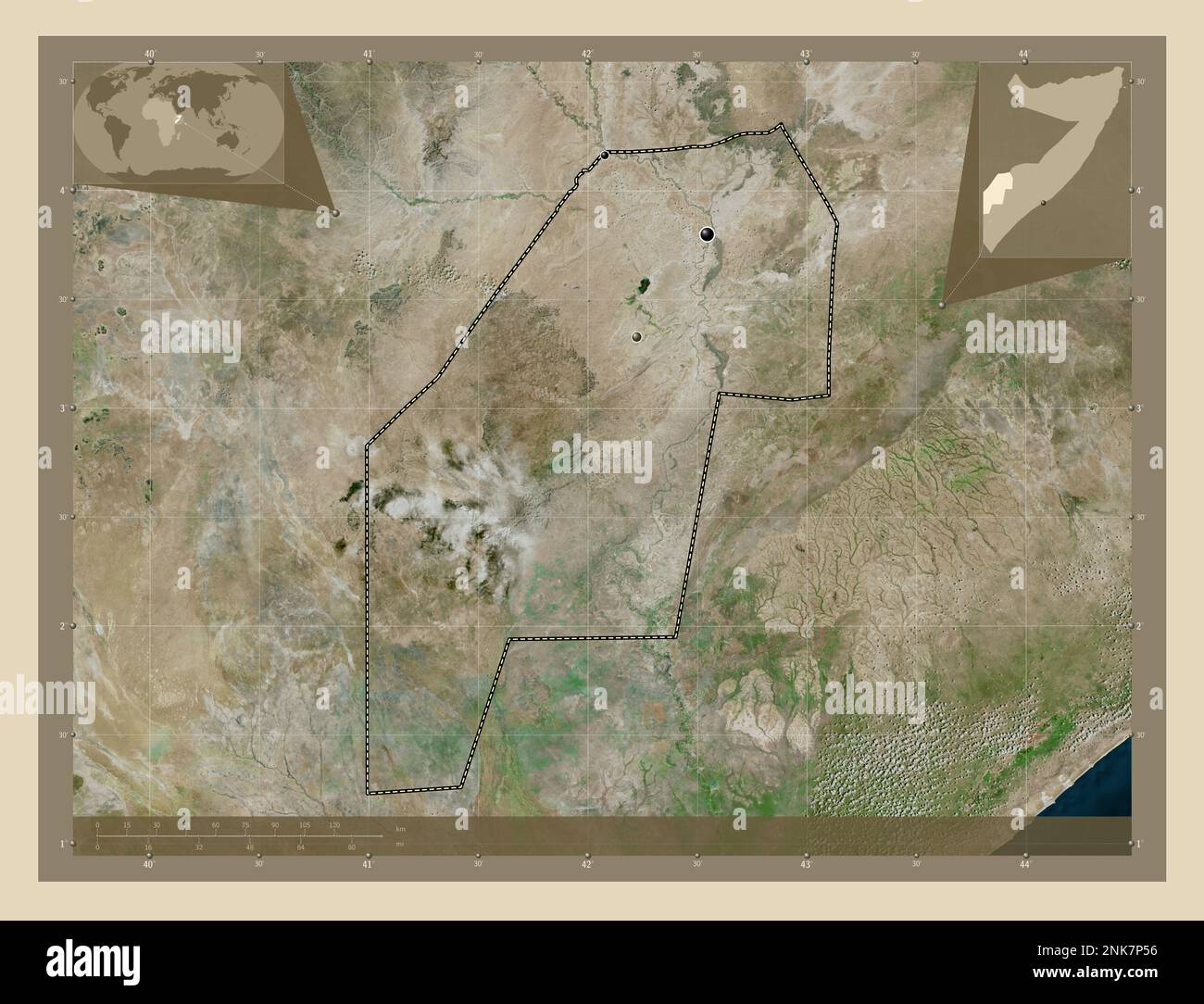 Gedo, region of Somalia. High resolution satellite map. Locations of ...