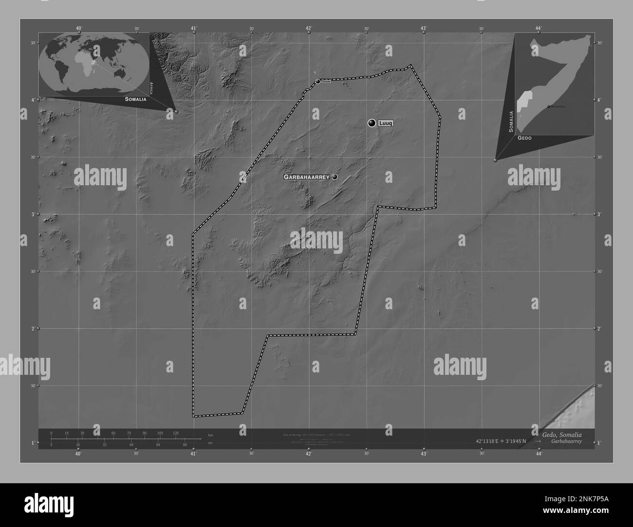 Gedo, region of Somalia. Bilevel elevation map with lakes and rivers ...