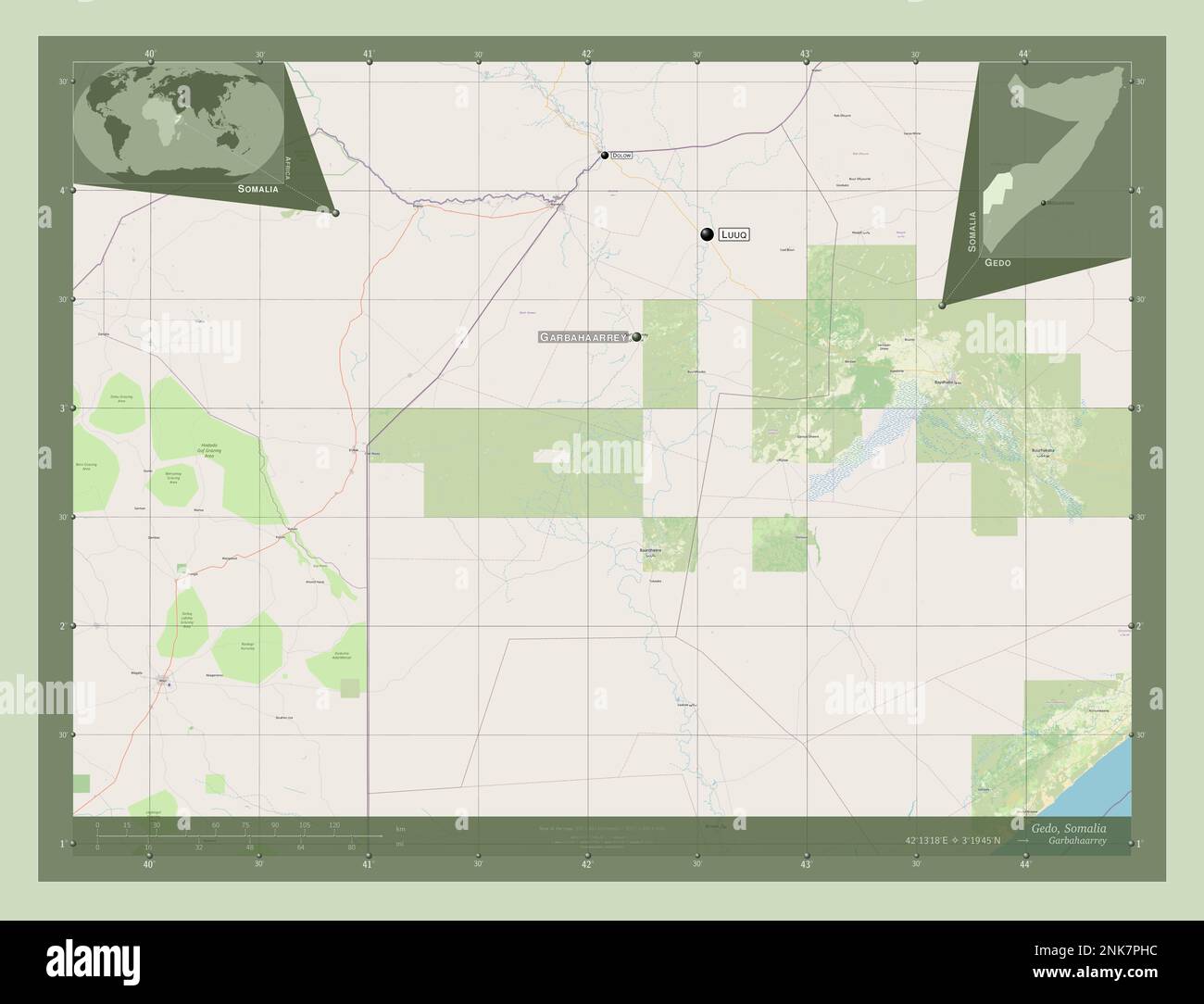 Gedo, region of Somalia. Open Street Map. Locations and names of major ...