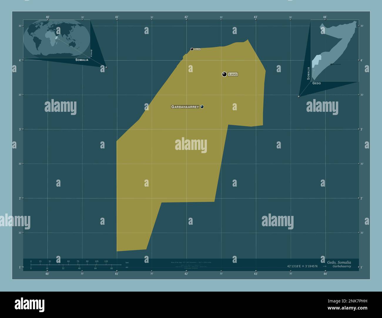 Gedo, region of Somalia. Solid color shape. Locations and names of ...