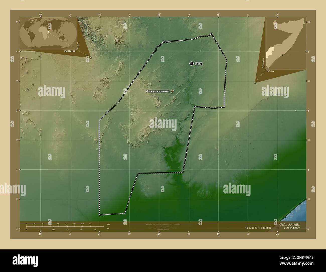 Gedo, region of Somalia. Colored elevation map with lakes and rivers ...