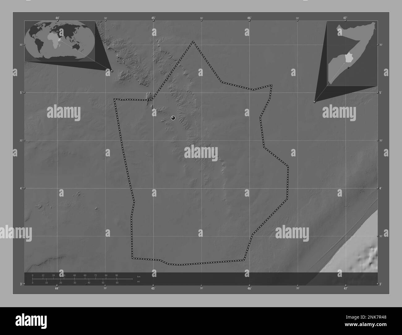 Hiiraan, region of Somalia. Bilevel elevation map with lakes and rivers ...