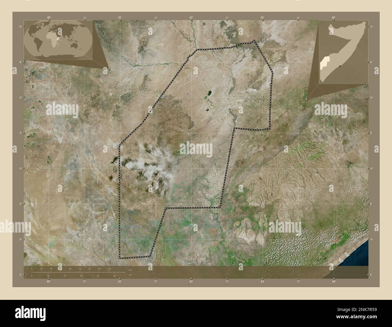 Gedo, region of Somalia. High resolution satellite map. Corner ...