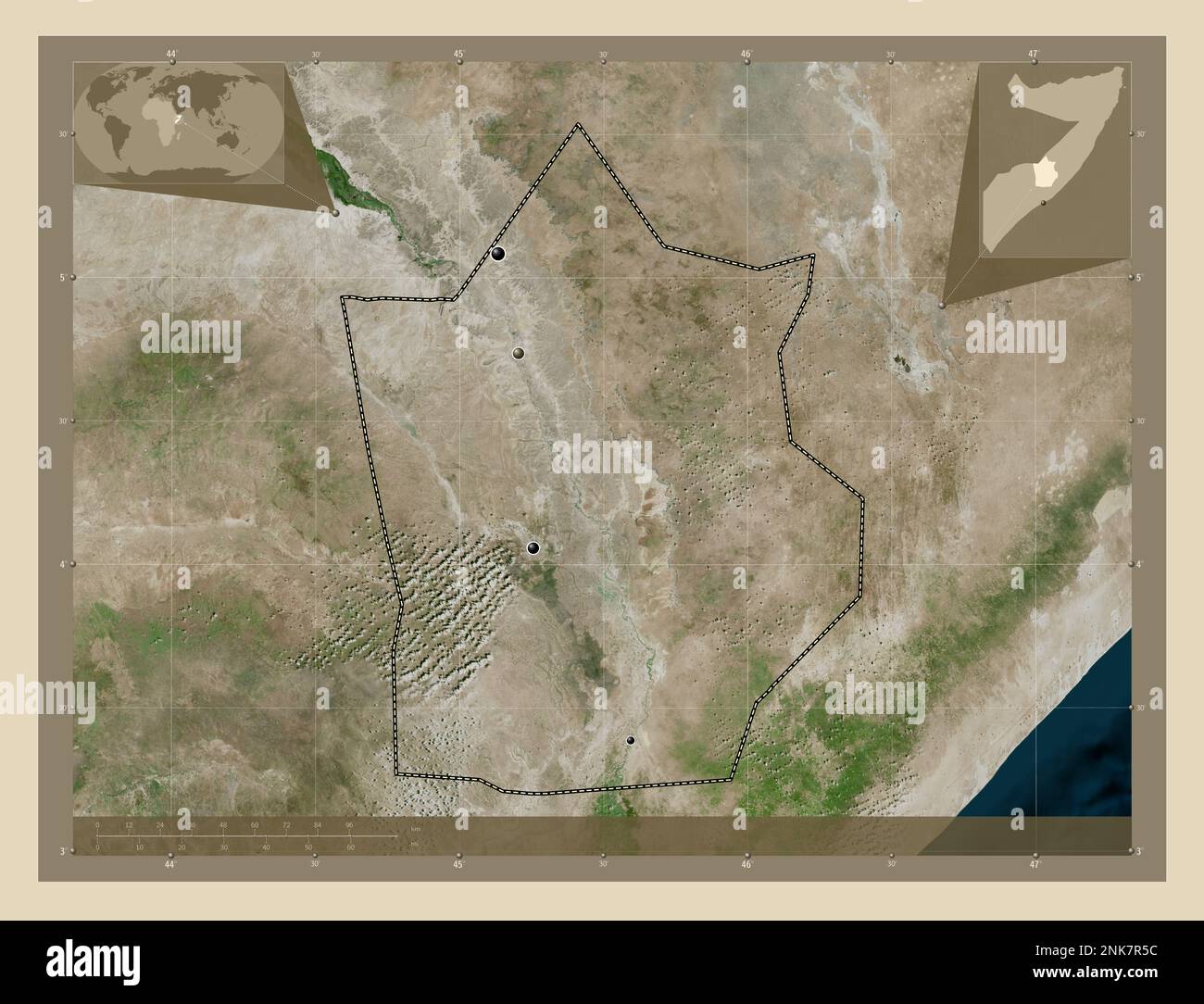 Hiiraan, region of Somalia. High resolution satellite map. Locations of ...