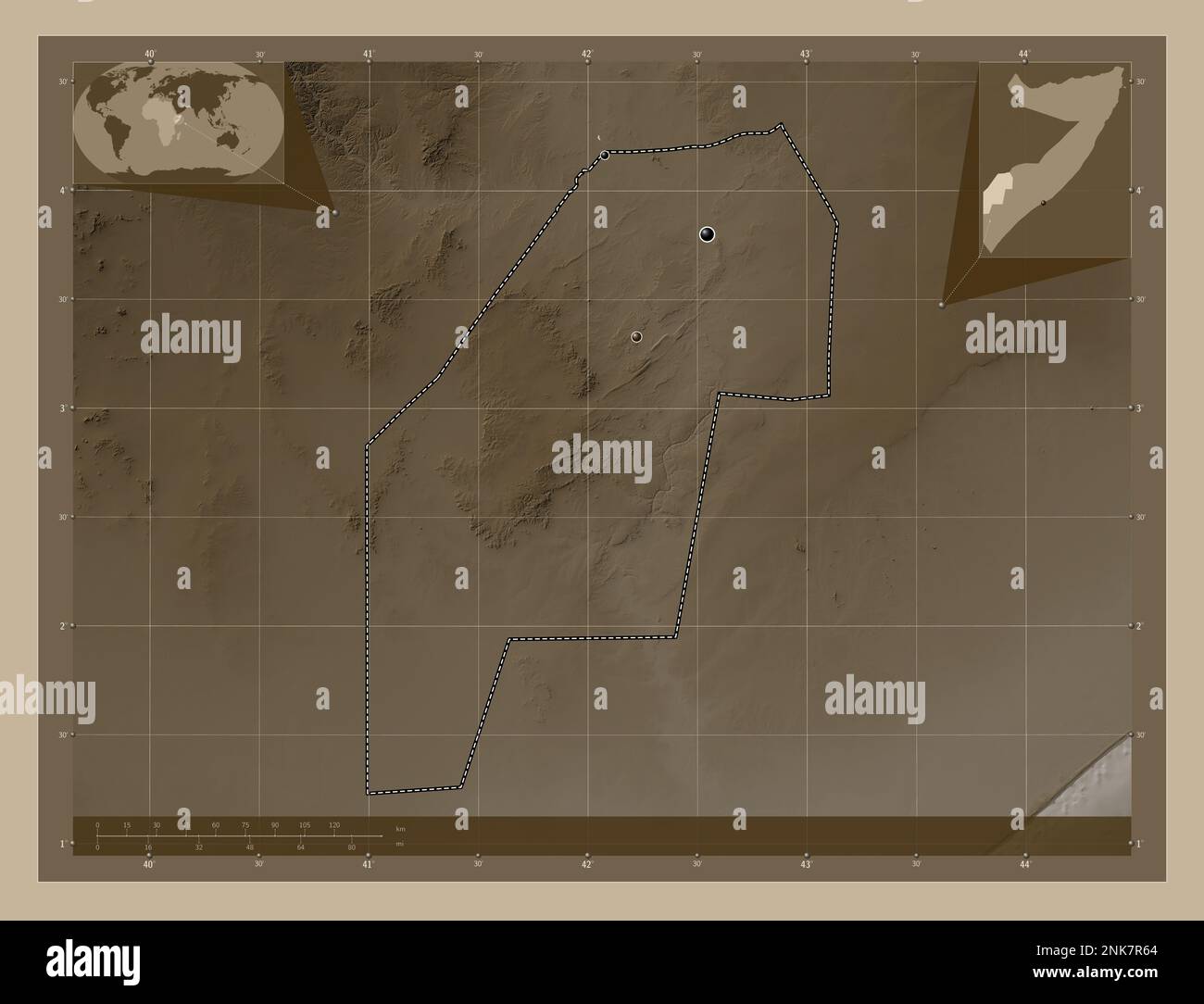Gedo, region of Somalia. Elevation map colored in sepia tones with ...