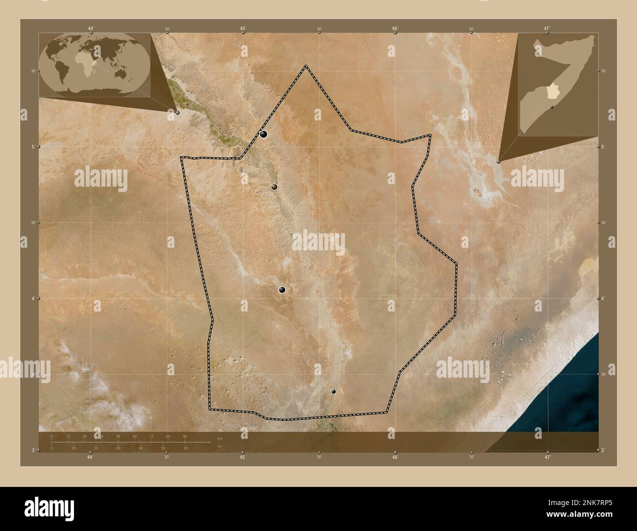 Hiiraan, region of Somalia. Low resolution satellite map. Locations of ...
