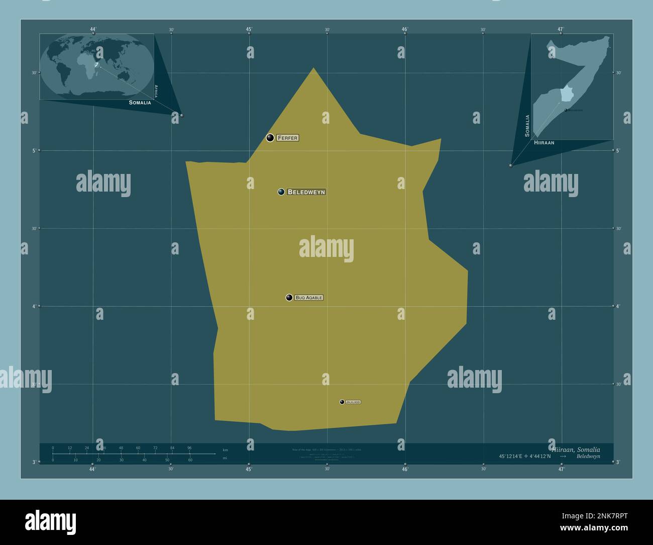Hiiraan, region of Somalia. Solid color shape. Locations and names of ...