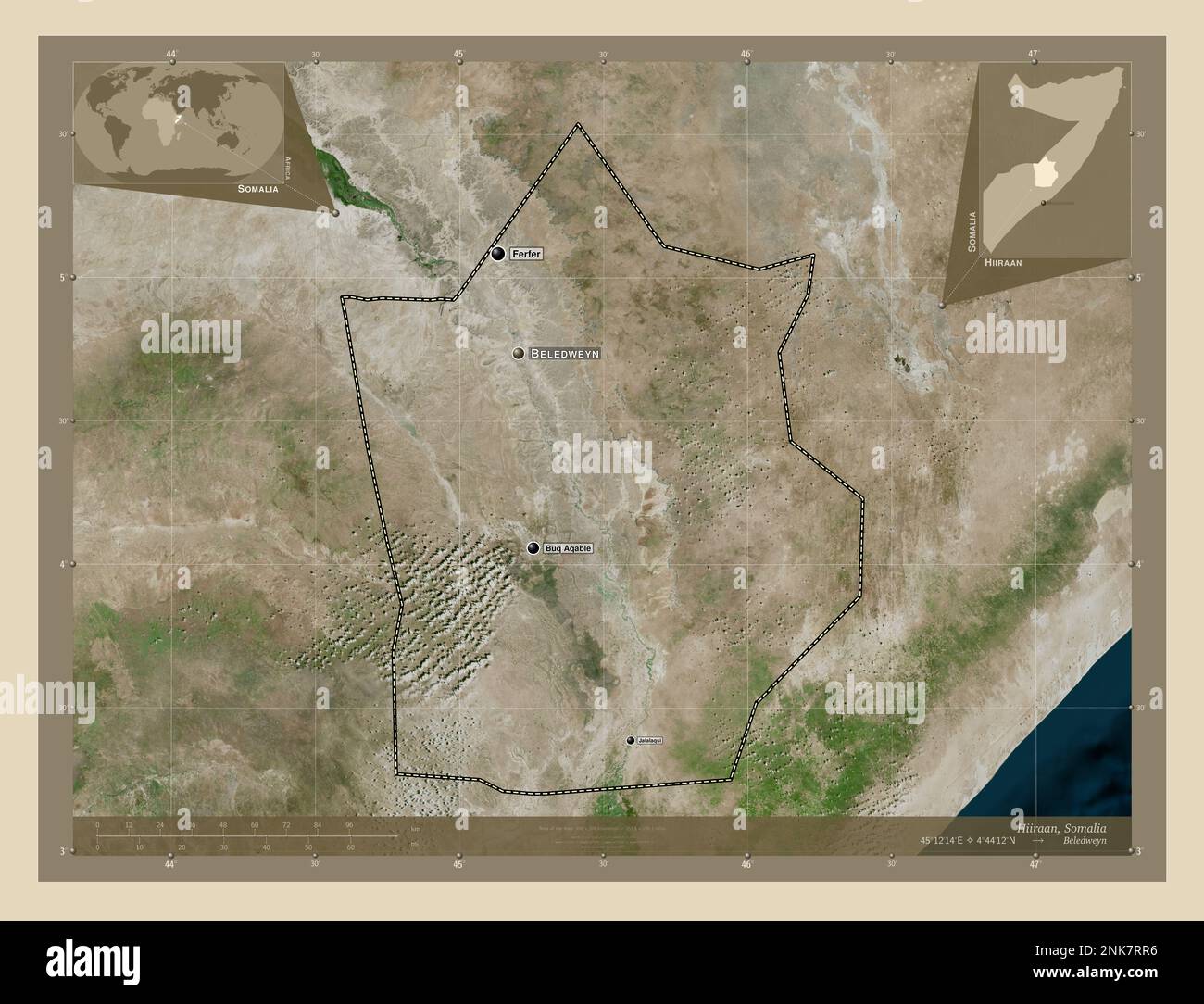 Hiiraan, region of Somalia. High resolution satellite map. Locations ...