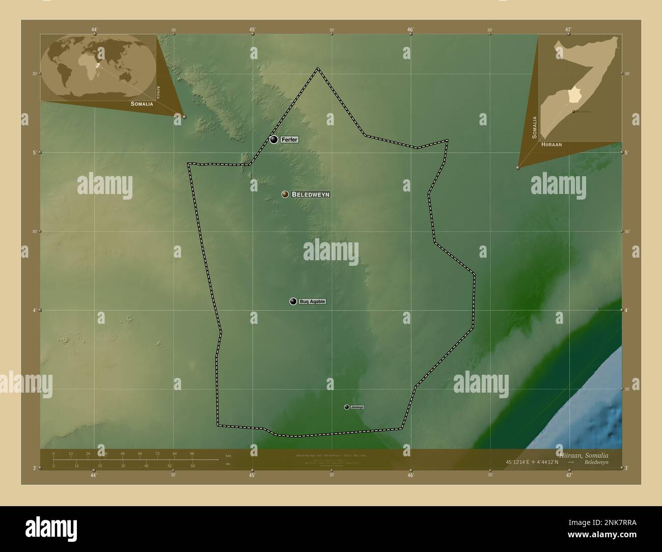 Hiiraan, region of Somalia. Colored elevation map with lakes and rivers ...