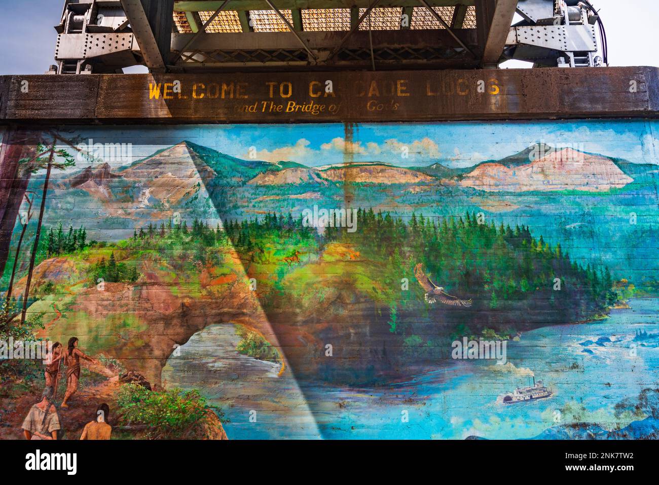 Historical mural on the Bridge of the Gods at Cascade Locks, Columbia ...