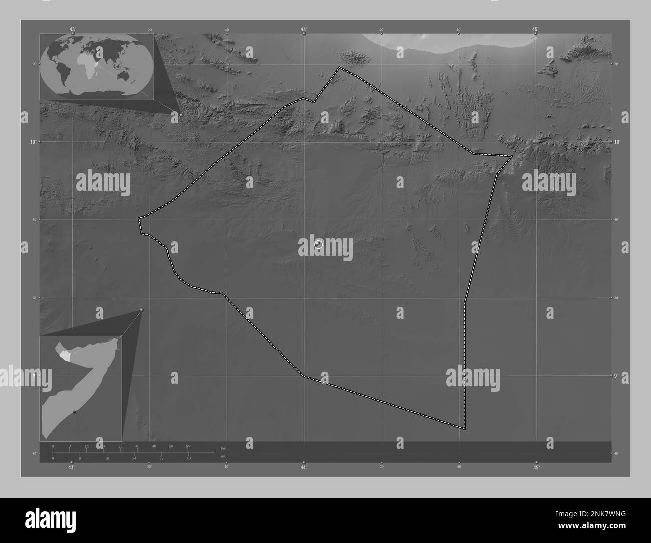 Maroodi Jeex, region of Somalia. Grayscale elevation map with lakes and ...
