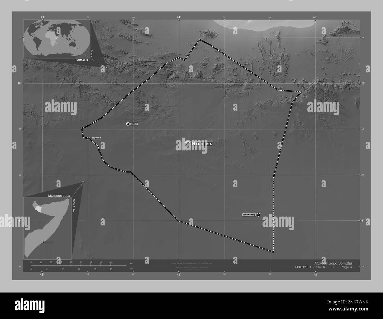 Maroodi Jeex, region of Somalia. Grayscale elevation map with lakes and ...