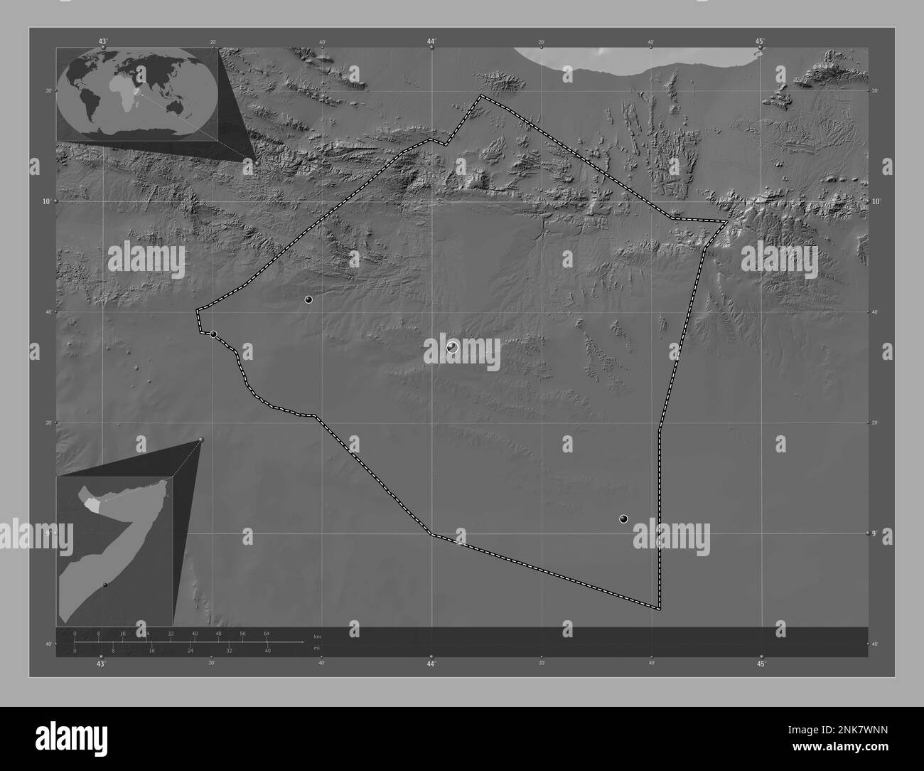 Maroodi Jeex, region of Somalia. Bilevel elevation map with lakes and ...