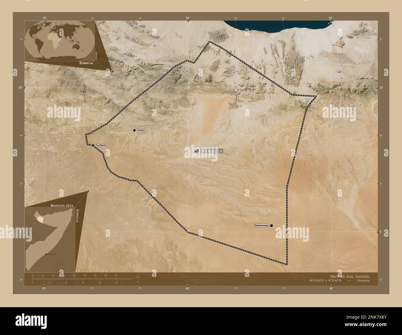 Maroodi Jeex, region of Somalia. Low resolution satellite map ...
