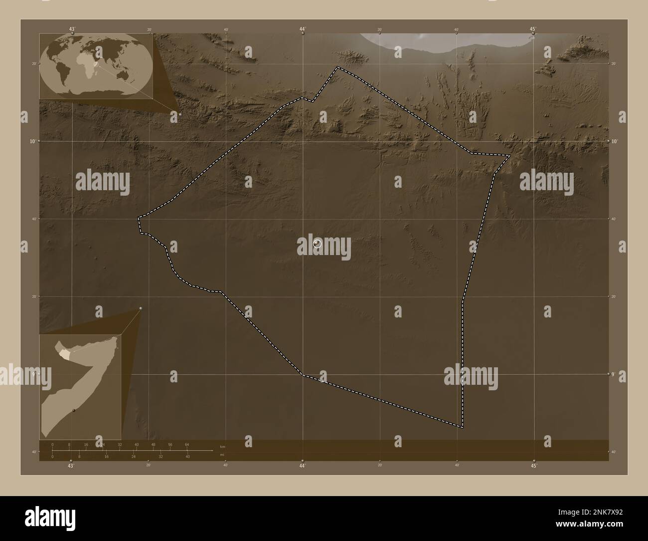 Maroodi Jeex, region of Somalia. Elevation map colored in sepia tones ...
