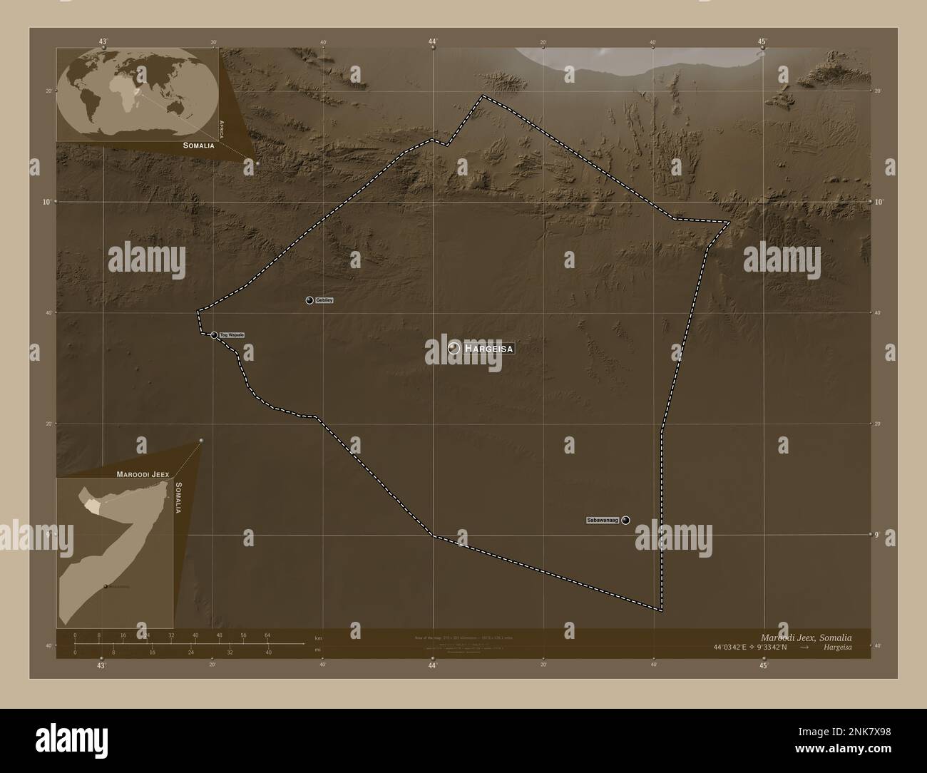 Maroodi Jeex, region of Somalia. Elevation map colored in sepia tones ...