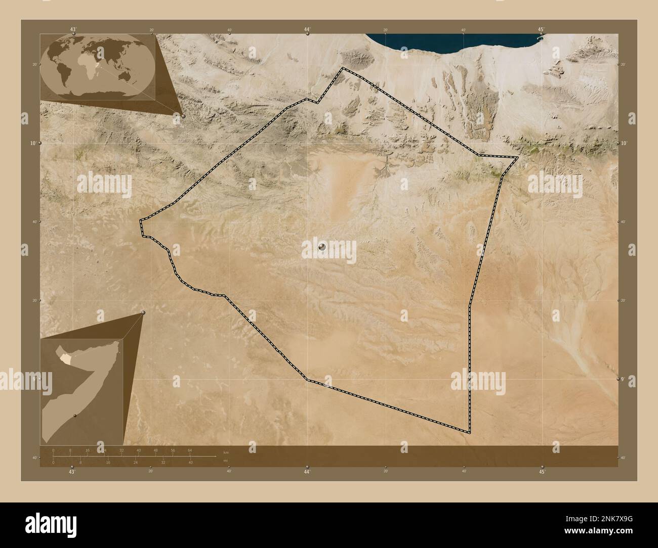 Maroodi Jeex, region of Somalia. Low resolution satellite map. Corner ...